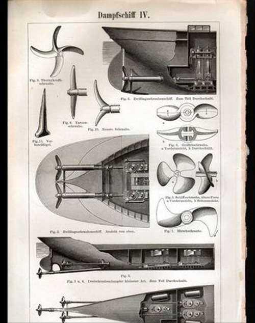 Гравюра. Пароходы. Устройство. Двигатели. Винт