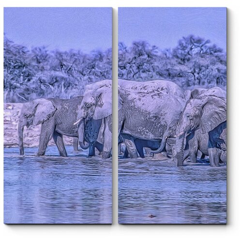 Модульная картина Африканские слоны на водопое 60x60