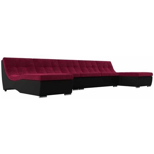 П-образный модульный диван Монреаль Long, Микровельвет бордовый, Экокожа черная