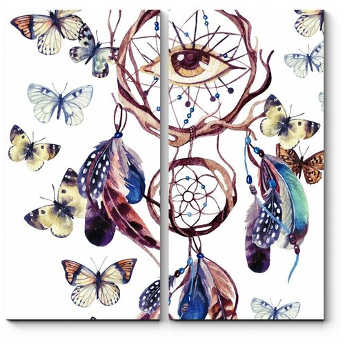 Модульная картина Ловец снов в окружении порхающих бабочек 70x70