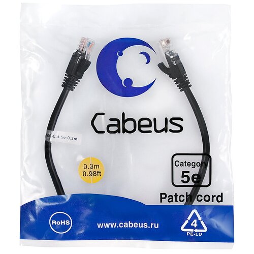 Патч-корд Cabeus PC-UTP-RJ45-Cat.5e-0.3m-BK-LSZH (U/UTP, CAT.5E, LSZH, 0.3 м, черный) (9535c)