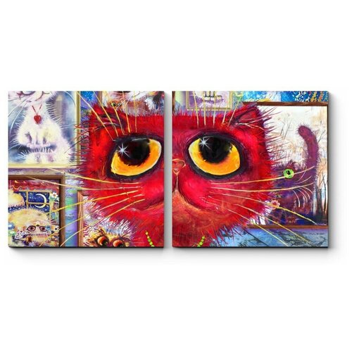 Модульная картина Красный кот гуляет по галерее 140x70