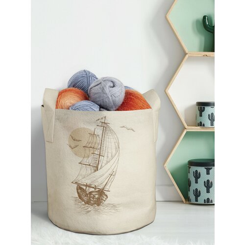 Текстильная корзина для вещей, мешок горшок для рассады и цветов, из войлока гроубэг JoyArty "Начертания корабля в море" 27 л