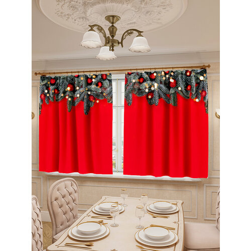 Шторы для кухни LeJoy Home из габардина "Новогодняя с красными шарами на красном фоне" 180х290 см. (2 шт. 145х180 см (каждая).