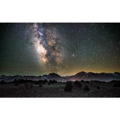 Картина на холсте 60x110 LinxOne "Галактика, ночь, звездное небо, горы" интерьерная для дома / на стену / на кухню / с подрамником