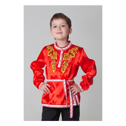 Карнавальная русская рубаха  Страна Карнавалия "Хохлома: цветы", атлас, цвет красный, р-р 34, рост 134 см