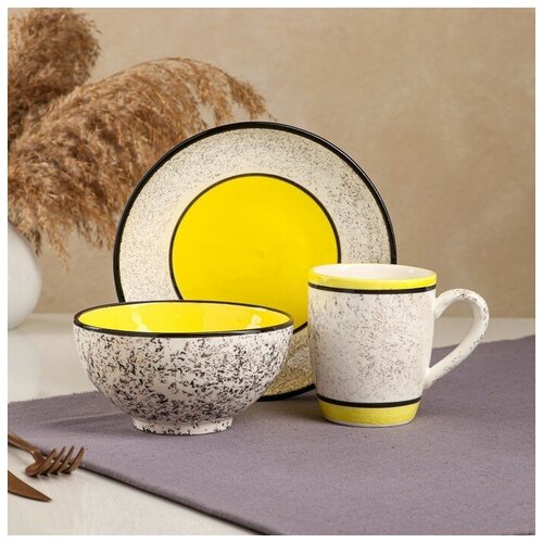 Набор посуды "Алладин", керамика, желтый, 3 предмета: салатник 700 мл, тарелка 20 см, кружка 350 мл, 1 сорт, Иран