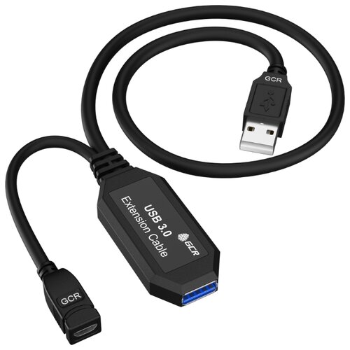 GCR Удлинитель активный 5.0m USB 3.0, AM/AF, OD:5.0mm, черный, с усилителем сигнала, доп. питание micro