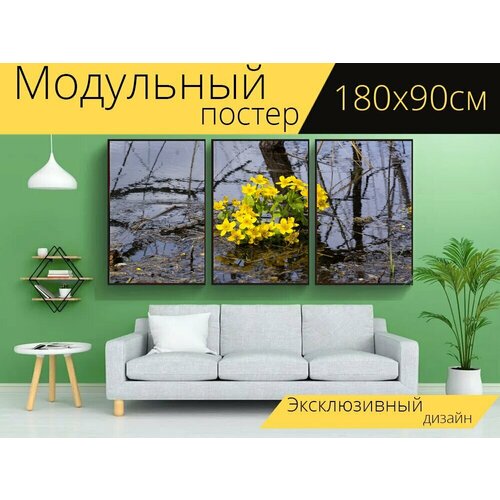 Модульный постер "Лютики водяные, желтые, цветы" 180 x 90 см. для интерьера