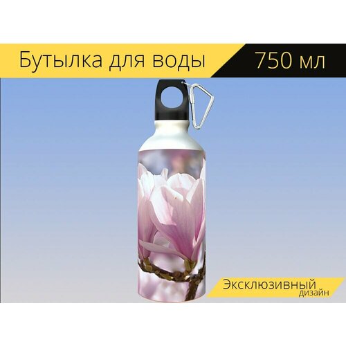 Бутылка фляга для воды "Тюльпан магнолия, магнолия х соулангиана, дерево" 750 мл. с карабином и принтом