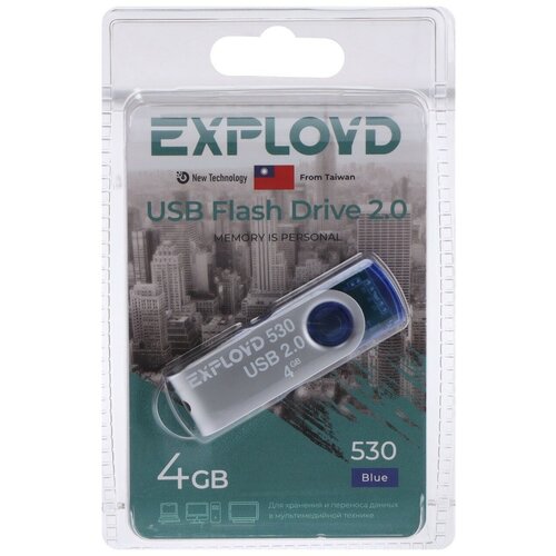 Флешка Exployd 530, 4 Гб, USB2.0, чт до 15 Мб/с, зап до 8 Мб/с, синяя