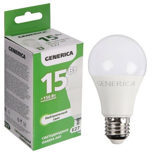 Лампа светодиодная GENERICA A60, 15 Вт, груша, 4000 К, E27, 230 В, LL-A60-15-230-40-E27-G