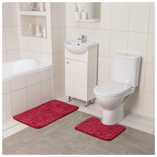 Набор ковриков для ванной и туалета Доляна Галька, ракушки, 2 шт: 40x50, 50x80 см, цвет бордовый