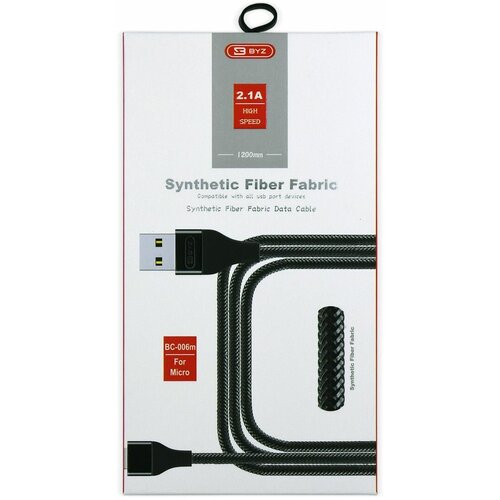 USB-кабель BYZ BC-006m AM-microBM 1,2 метра, 2.1A, нейлон, черный