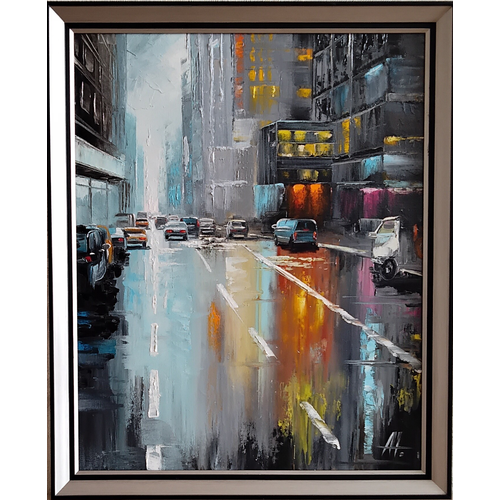 Картина авторская "Улица после дождя ", холст, масло, 40-50см. Живописный городской пейзаж