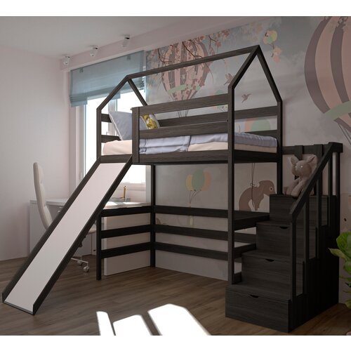 Кровать детская, подростковая "Чердак с лестницей-комодом и горкой", 180х90, масло "Графит", из массива