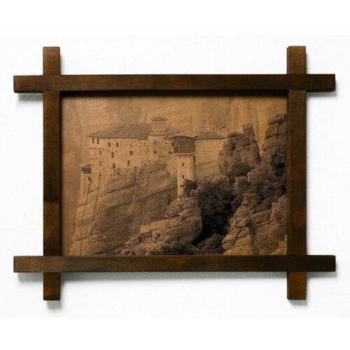 Картина Монастырь Мегала Метеора, Греция, гравировка на натуральной коже в деревянной раме, подарок, BoomGift