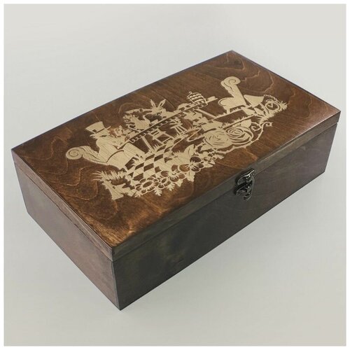 Коробка для чайных пакетиков Чайница из дерева, 4 отделения с узором Алиса в стране чудес, чаепитее, шляпник - 111