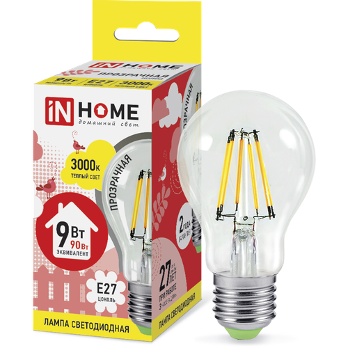 Лампа светодиодная IN HOME LED-A60-deco, 9 Вт, 230 В, Е27, 3000 К, 1040 Лм, прозрачная