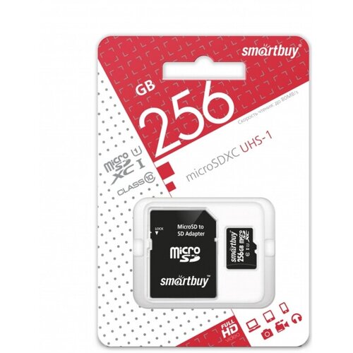 Карта памяти SmartBuy MicroSDXC 256GB UHS-1, Class 10, скорость чтения 90Мб/сек (с адаптером SD)