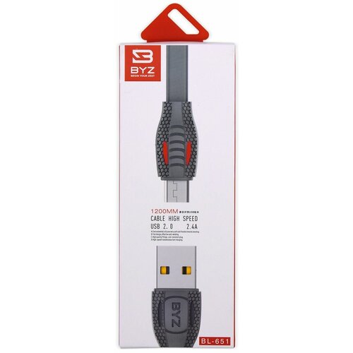 USB-кабель BYZ BL-651 AM-microBM 1,2 метра, 2.4A, силикон, плоский, серый