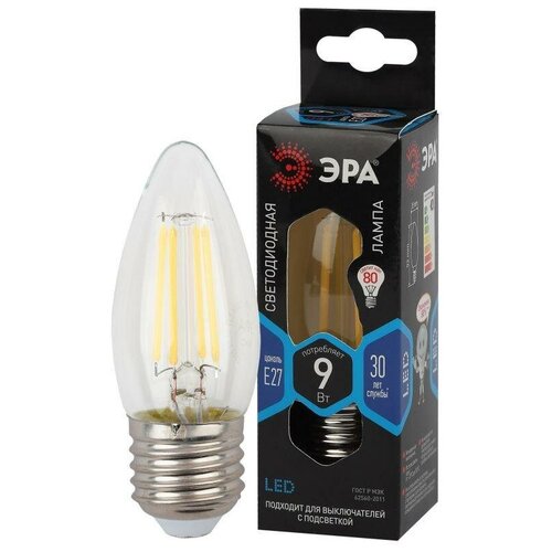 Лампа светодиодная филаментная F-LED B35-9W-840-E27 9Вт B35 свеча 4000К нейтр. бел. E27 | код. Б0046997 | Эра (25шт. в упак.)