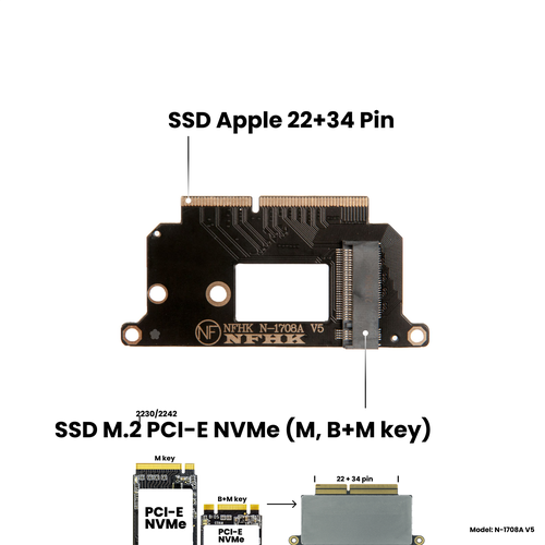 Адаптер-переходник для SSD M.2 NVMe на MacBook Pro 13" Late 2016 / Mid 2017 (22+34 Pin) / NFHK N-1708A V5