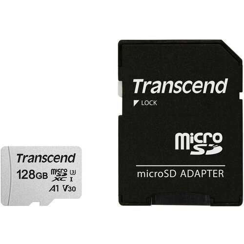 Карта памяти microSDXC UHS-I U3 Transcend 128 ГБ, 100 МБ/с, TS128GUSD300S-A, 1 шт, переходник SD
