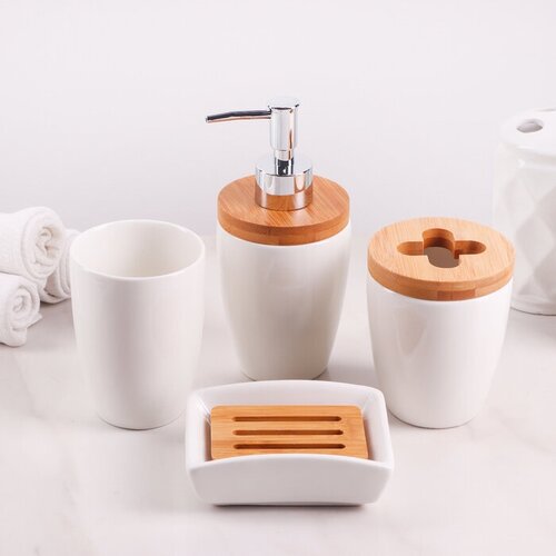 Набор аксессуаров для ванной комнаты «Бамбук», 4 предмета (мыльница, дозатор, два стакана)