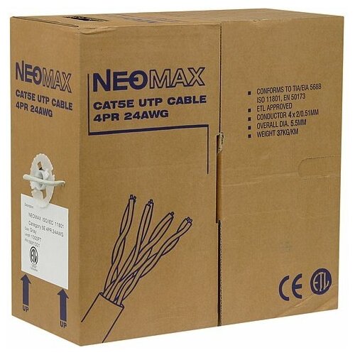 Кабель Neomax Кабель UTP 5e кат. Neomax NM10001, 4 пары, однож, 24AWG/0.51мм, медь (305м)