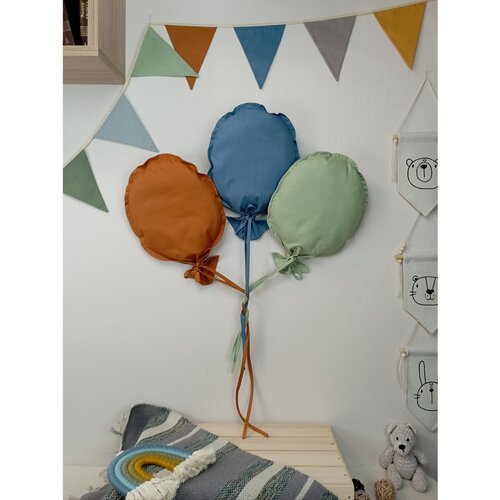 Воздушные шарики из ткани 3 шт./ Декор на стену в детскую комнату/ Сканди декор для детской / Табачный, синий шторм, оливковый