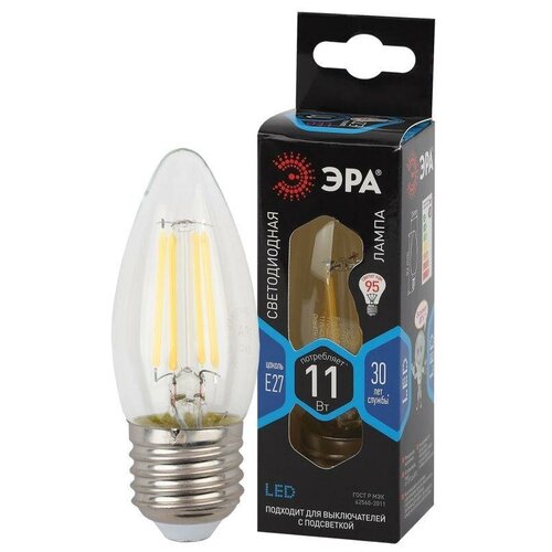 Лампа светодиодная филаментная F-LED B35-11W-840-E27 11Вт B35 свеча 4000К нейтр. бел. E27 | код. Б0046988 | Эра (90шт. в упак.)