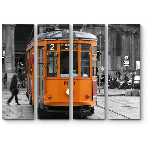 Модульная картина Оранжевый трамвай на сером городском фоне70x53