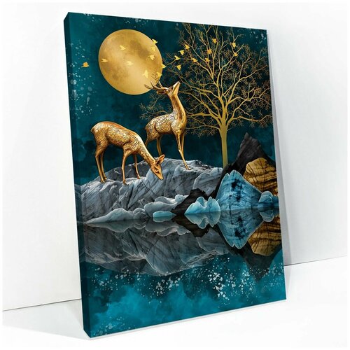 Картина Олени, Деревья, Птицы и Луна на холсте 40х60см