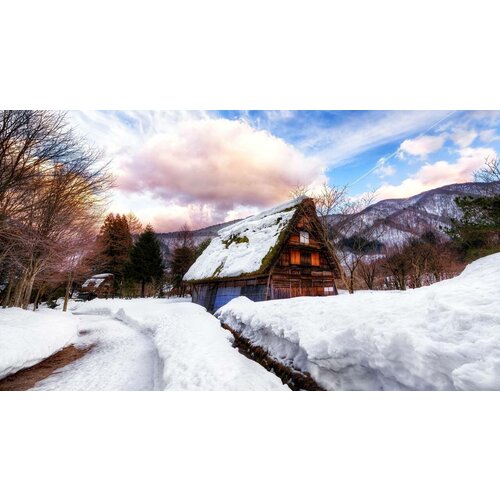 Картина на холсте 60x110 LinxOne "Зима снег Япония дом деревня" интерьерная для дома / на стену / на кухню / с подрамником