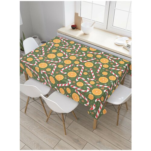 Прямоугольная тканевая скатерть на стол JoyArty с рисунком "Апельсины и карамельные трости", 145x180 см