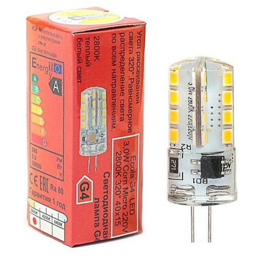 Лампа светодиодная Ecola Corn Micro, G4, 3 Вт, 2800 K, 320°, 40х15 мм