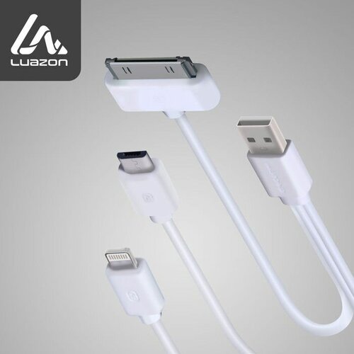 Кабель 3 в 1 LuazON, microUSB/Lightning/iPhone 30-pin - USB, 1 А, 0.2 м, белый, 1 шт.