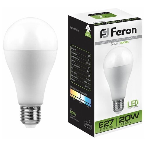 25788 Лампа светодиодная Feron 20W=180W 230V E27 Груша A65 1800Лм Ra>80 4000К, упаковка 1шт