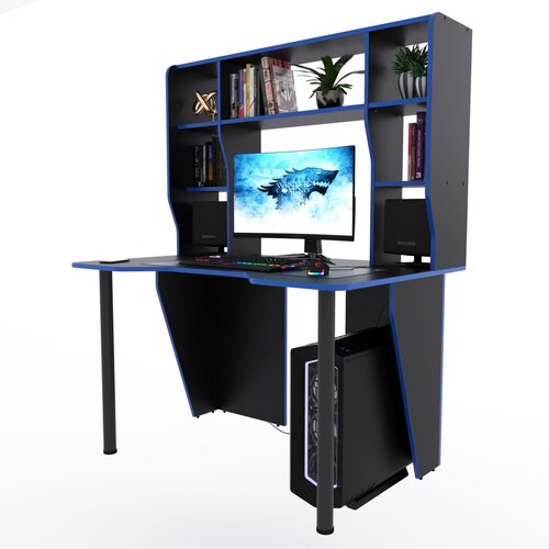 Компьютерный стол "Старк" с большой надстройкой, 140х90х152,6 см, чёрный с синей кромкой