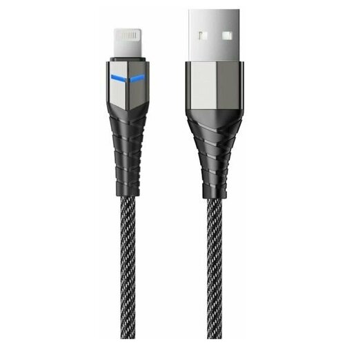 Кабель AL24-F100LED, Lightning - USB, 2.4А, LED, быстрая зарядка, 1м, черно-серый