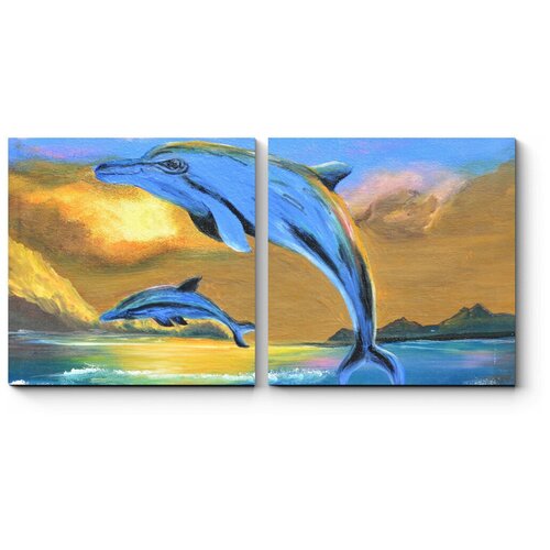 Модульная картина Дельфины на закате, масло 90x45