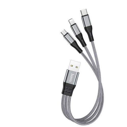 Кабель USB - Apple 8 pin, Type-C, микро USB HOCO X47 HARBOR, 25см, круглый, 2.4A, ткань, алюминий, 3 в 1, цвет серебряный