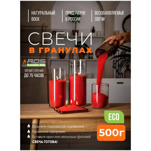 Свечи ароматические насыпные ROScandles красные, 500г воска + фитиль 1м