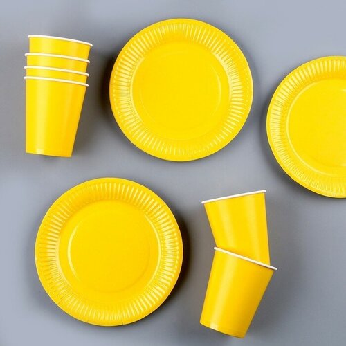 Набор бумажной посуды: 6 тарелок, 6 стаканов, цвет жёлтый