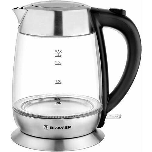 Чайник BRAYER BR1010, 1,7 л, 2200 Вт, закрытый нагревательный элемент, стекло, черный В комплекте: 1шт.