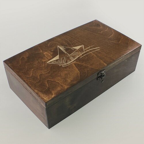 Коробка для чайных пакетиков из дерева, чайница большая, 4 отделения с узором Иллюстрация Кораблик - 1229
