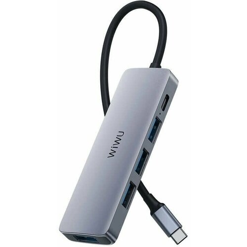 USB Хаб WiWU Alpha 541BC 5 в 1 Type C to 3 x USB 3.0 + USB 2.0 + Type C PD 60 Вт - Серый