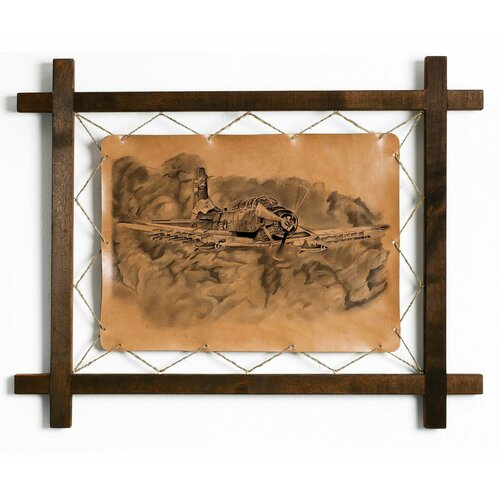 Картина "Боевой вылет", интерьерная для украшения и декора на стену в деревянной раме, подарок, натуральная кожа, BoomGift