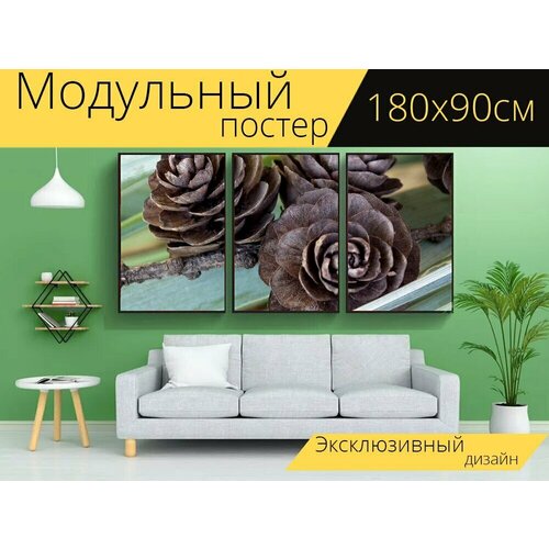 Модульный постер "Шишки, коричневый, лес" 180 x 90 см. для интерьера